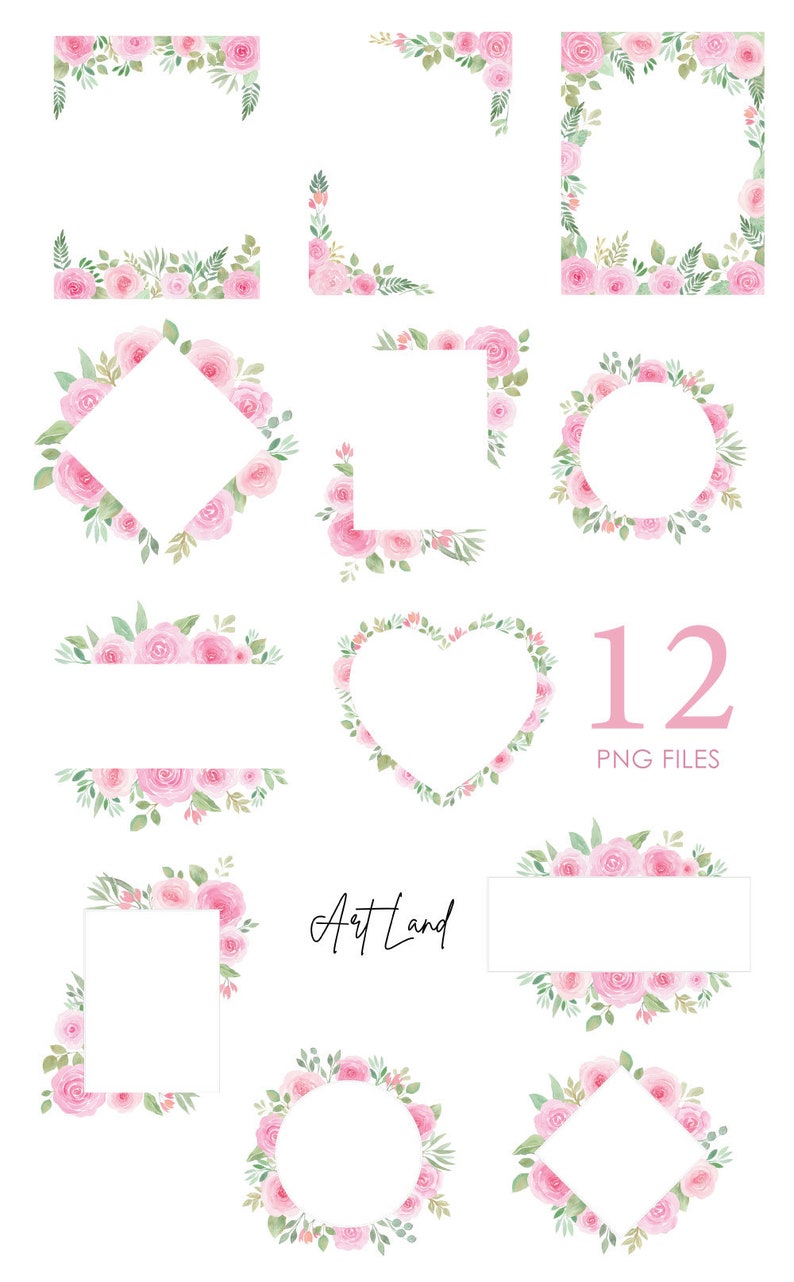Watercolor Floral Clipart Frames Border Pink Roses Flower | Etsy