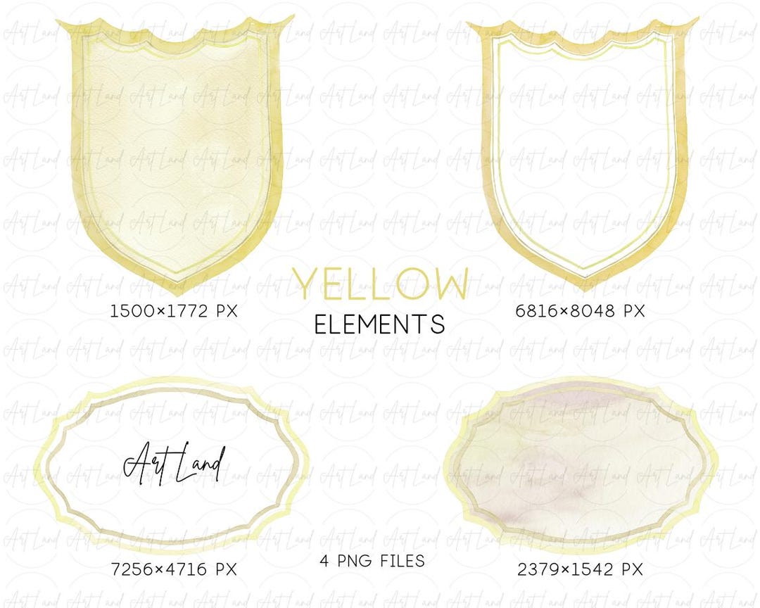 Watercolor Yellow Crests and Borders, Hand Painted Shield and Label ...