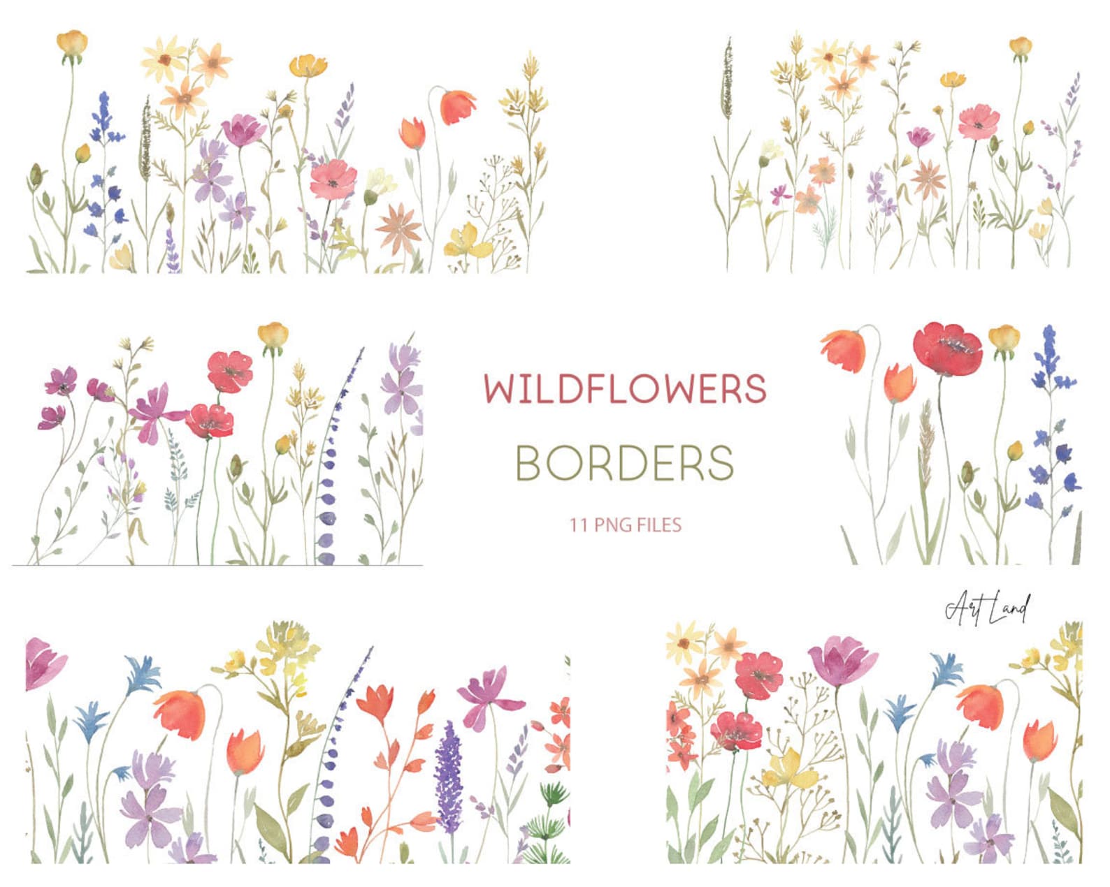 Watercolor Wildflowers Borders Clipart Botanical Floral Wild - Etsy