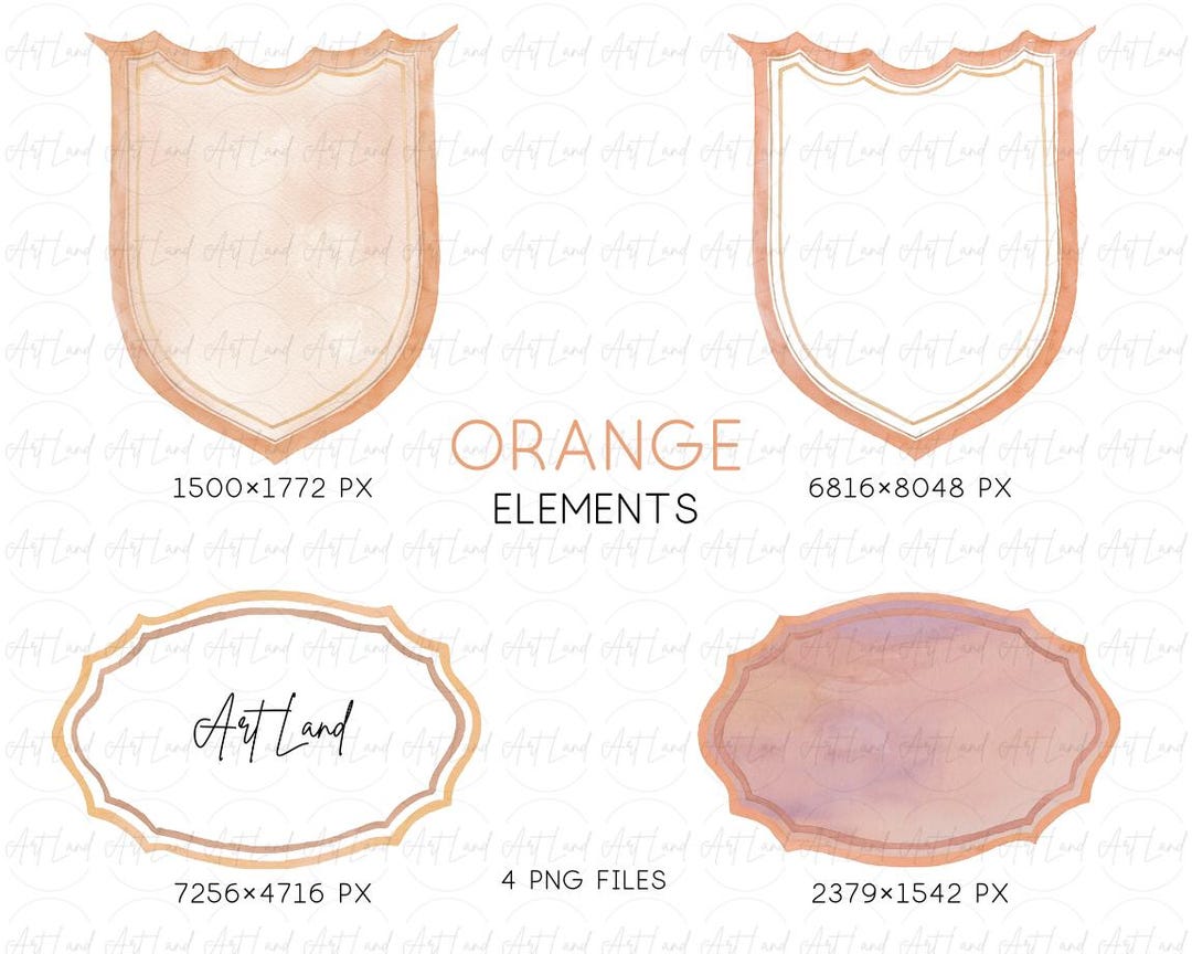 Watercolor Orange Crests and Borders, Hand Painted Shield and Label ...
