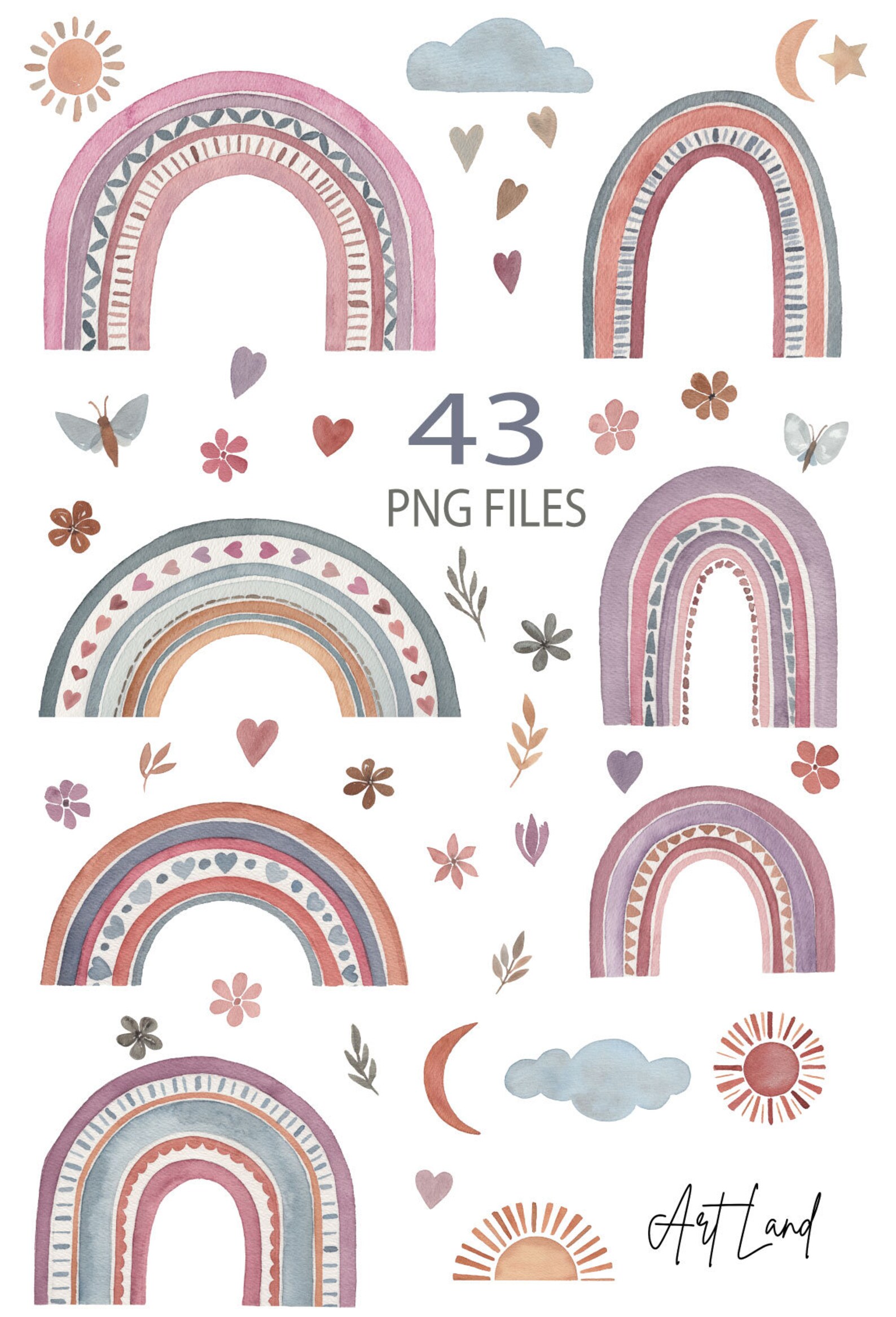 Watercolor Boho Rainbow Clipart Set - 43 Hand-painted Pngs for DIY ...