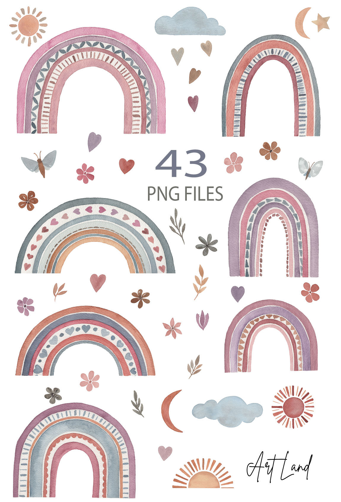 Watercolor Boho Rainbow Clipart Set - 43 Hand-painted Pngs for DIY ...