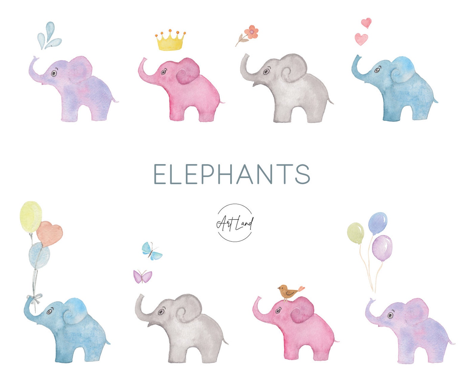 Watercolor Elephants Balloons Clip Art Set Hand Painted - Etsy