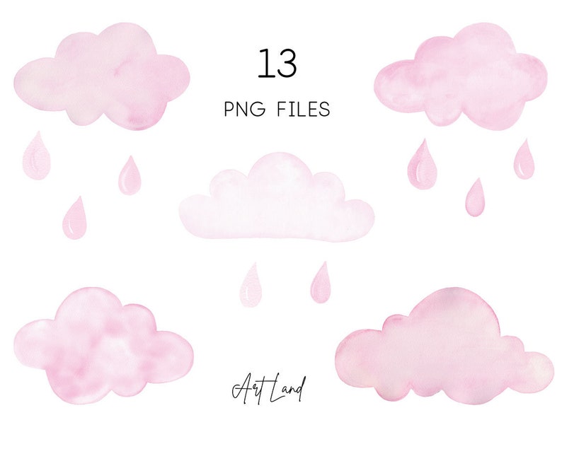 Watercolor Pink Clouds Clipart: 13 Hand-painted Elements (PNG, Digital ...