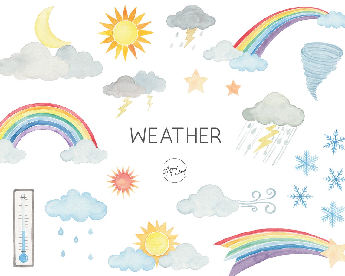 Watercolor Weather Clip Art Rainbow Sun Moon Clouds Snow | Etsy