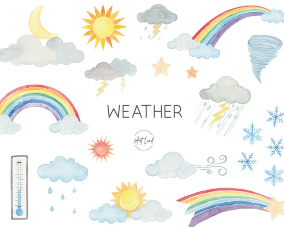Watercolor Weather Clip Art Rainbow Sun Moon Clouds Snow - Etsy