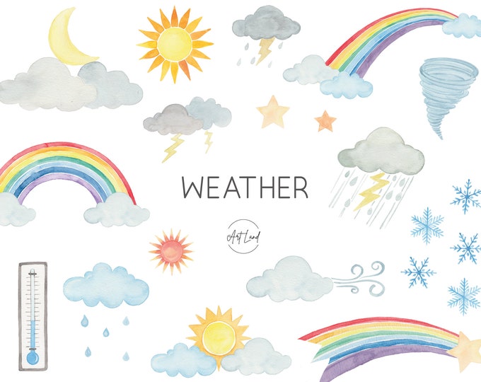 Weather Watercolor Clipart Set, Cloud Sun Rainbow Illustration, Tornado ...