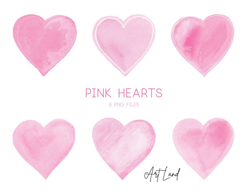 Watercolor Pink Hearts Clipart: 6 Hand-painted Love Hearts (PNG ...