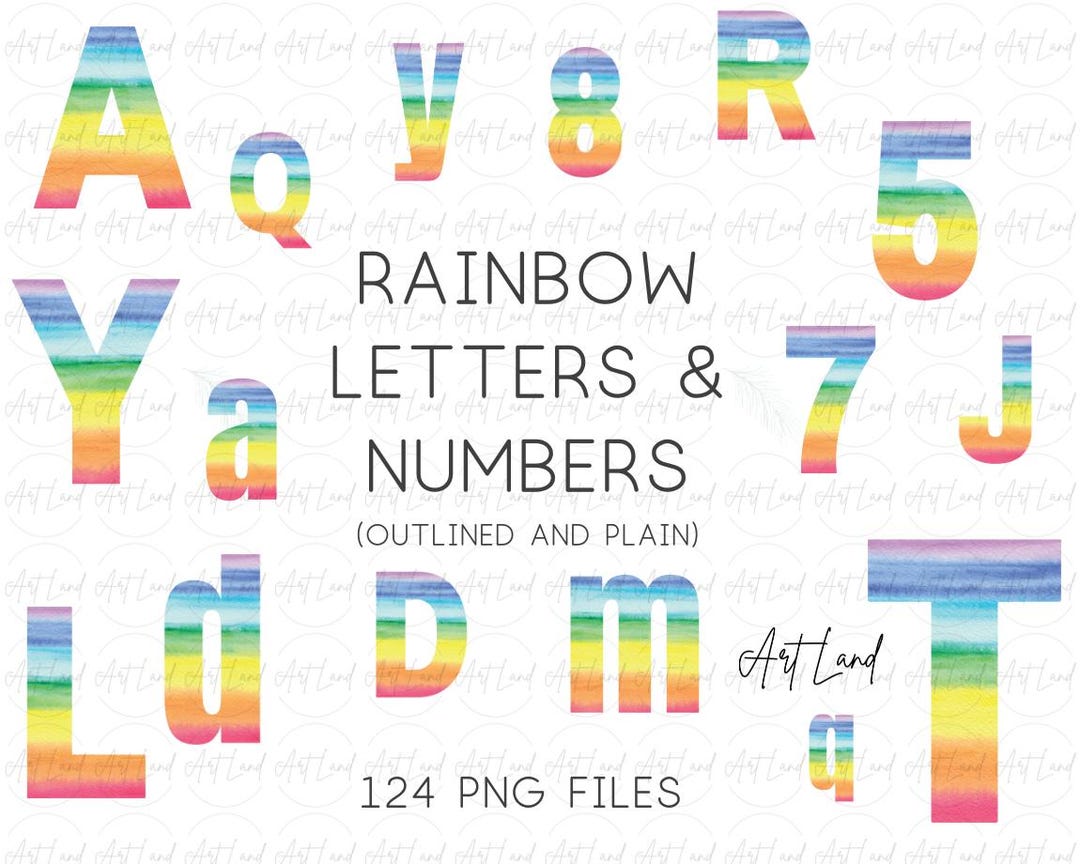 Rainbow Letters and Numbers Clipart, Outlined and Plain Alphabet, Hand ...
