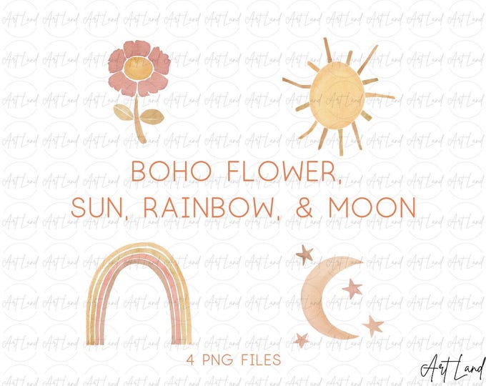 Boho Rainbow Clipart, Retro Groovy Clipart, Weather Clipart, Boho ...