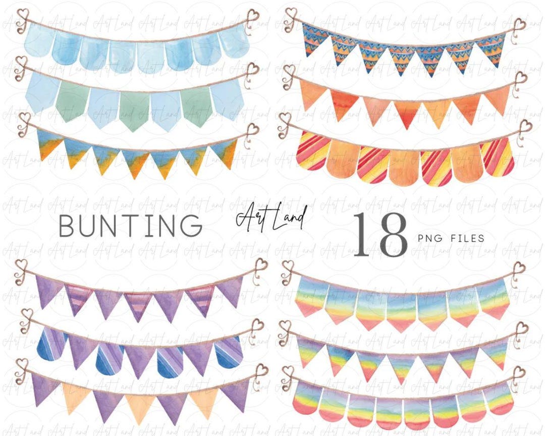 Watercolor Bunting Clipart - 18 Hand-painted Banners, Birthday Banner ...