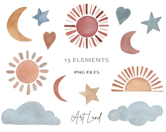 Cloud Star Moon Watercolor Clip Art Set Hand Painted Clouds | Etsy