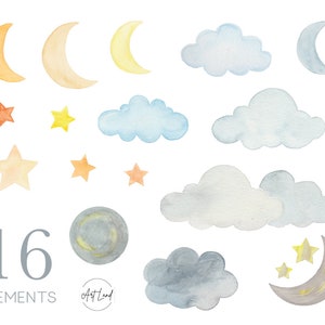 Cloud Star Moon Watercolor Clip Art Set, Hand Painted Clouds Stars ...