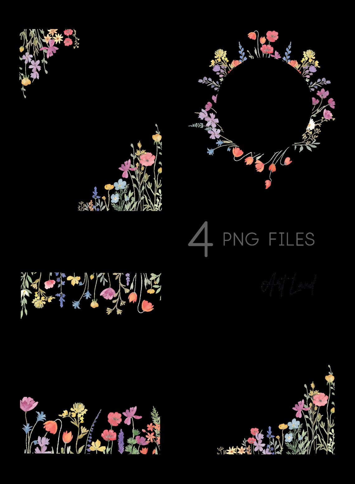Watercolor Wildflower Frames: 4 Hand-painted Floral Clipart (PNG ...