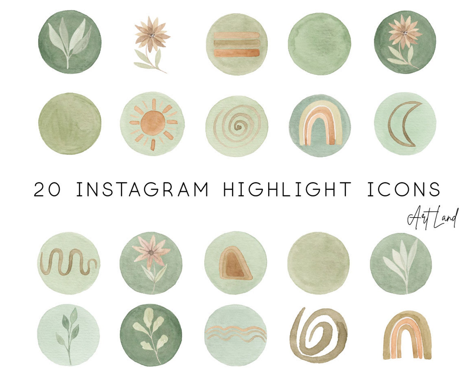 Instagram Story Highlight Icons, Watercolor Circles Clipart, Green ...