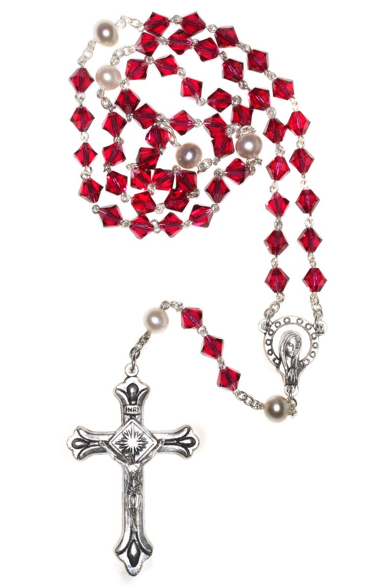 RUBY Red Austrian Crystal Catholic Rosary CHOOSE Silver or Gold, July ...