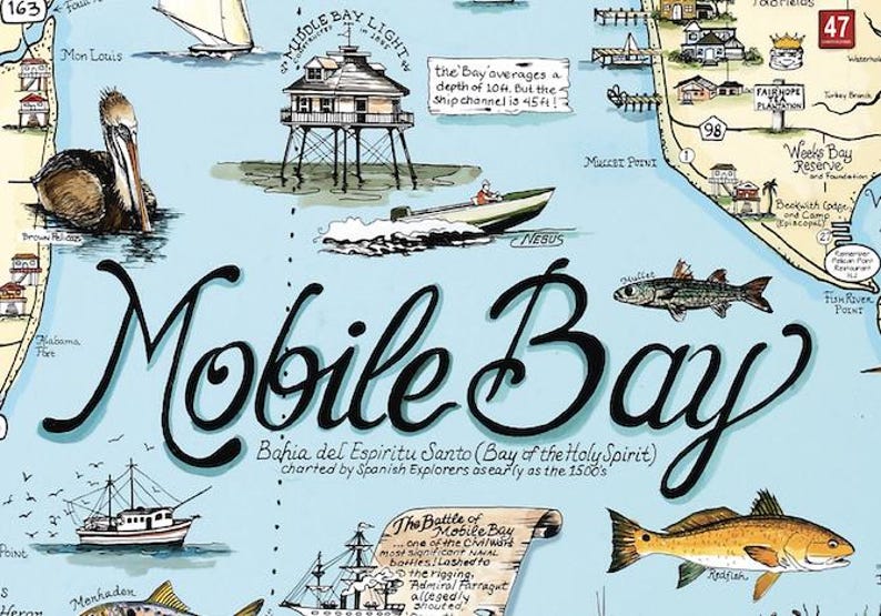 Mobile Bay Map, Alabama - Etsy