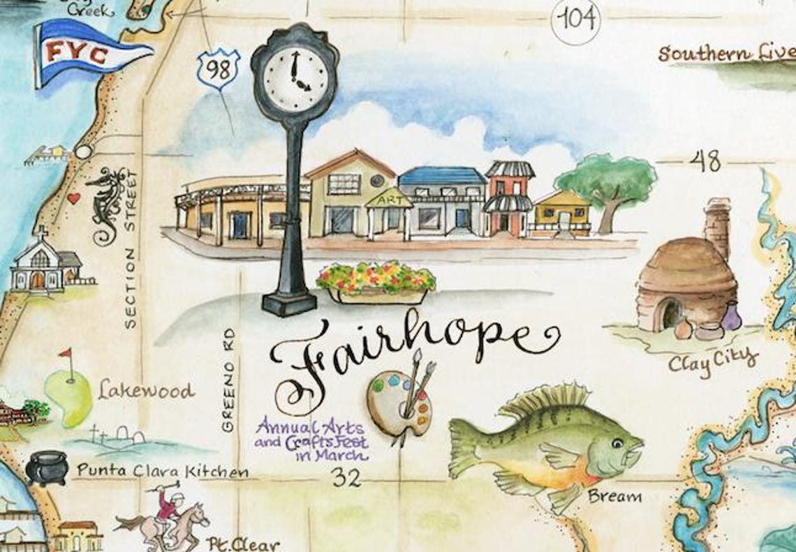 Hand Drawn Map Fairhope, Alabama, Daphne, Magnolia Springs, Eastern ...