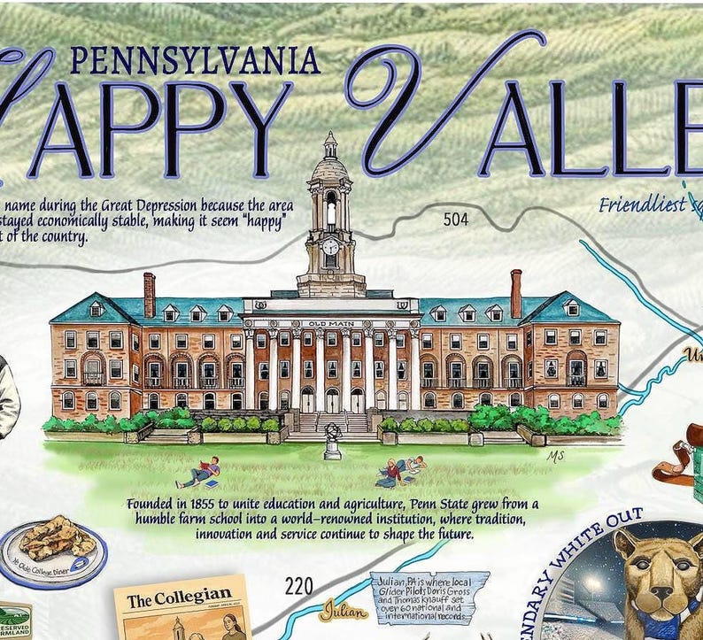 Hand-drawn State College, PA Art Print. Giclee 16” X 20” - Etsy