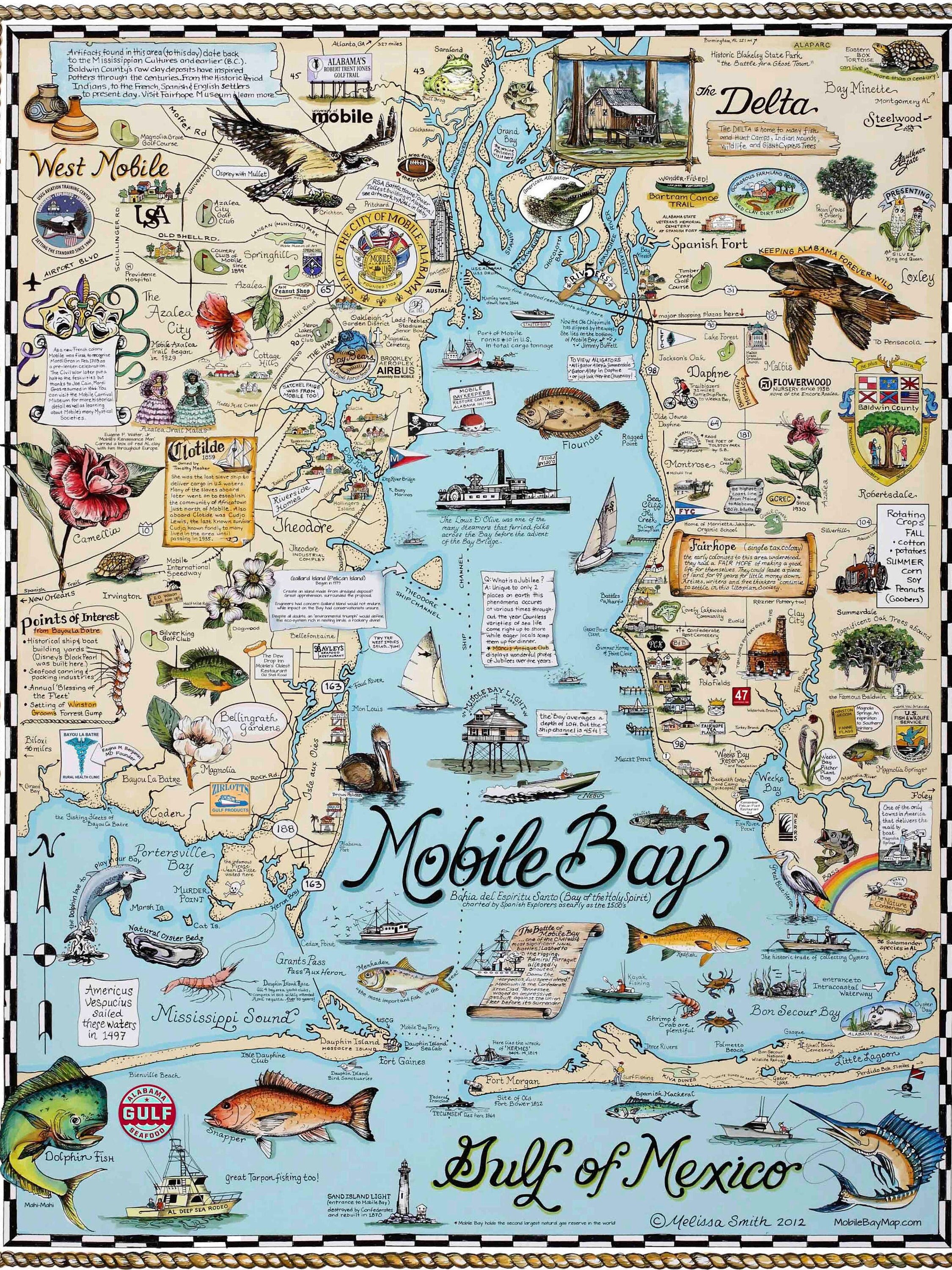 Mobile Bay Map, Alabama - Etsy