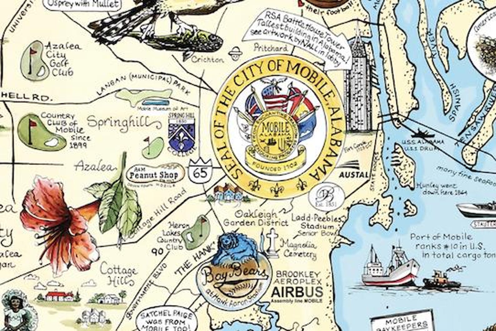 Mobile Bay Map, Alabama - Etsy