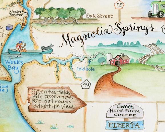 Hand Drawn Map Fairhope, Alabama, Daphne, Magnolia Springs, Eastern ...