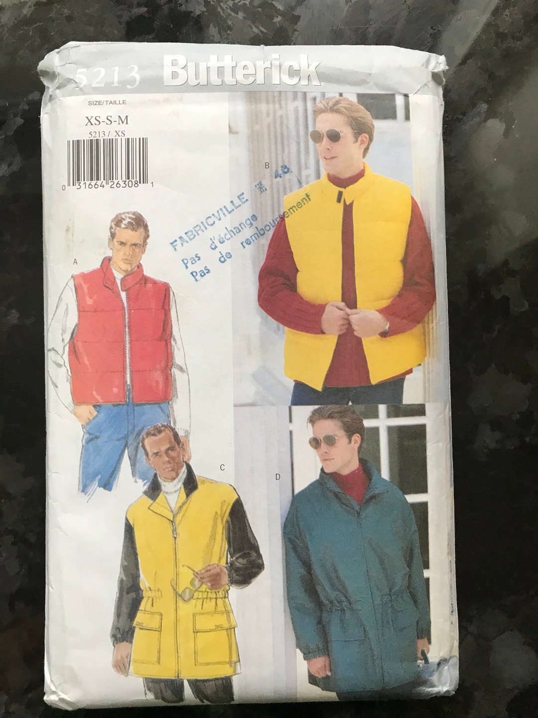 Butterick, Men's Vest & Jacket, Sizes XS (30-32),S(34-36),M(38-40 ...
