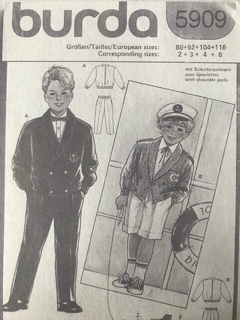 Burda, Children/boys, Jacket & Pants, Sizes 2,3,4,5,6, Pattern 5909 ...