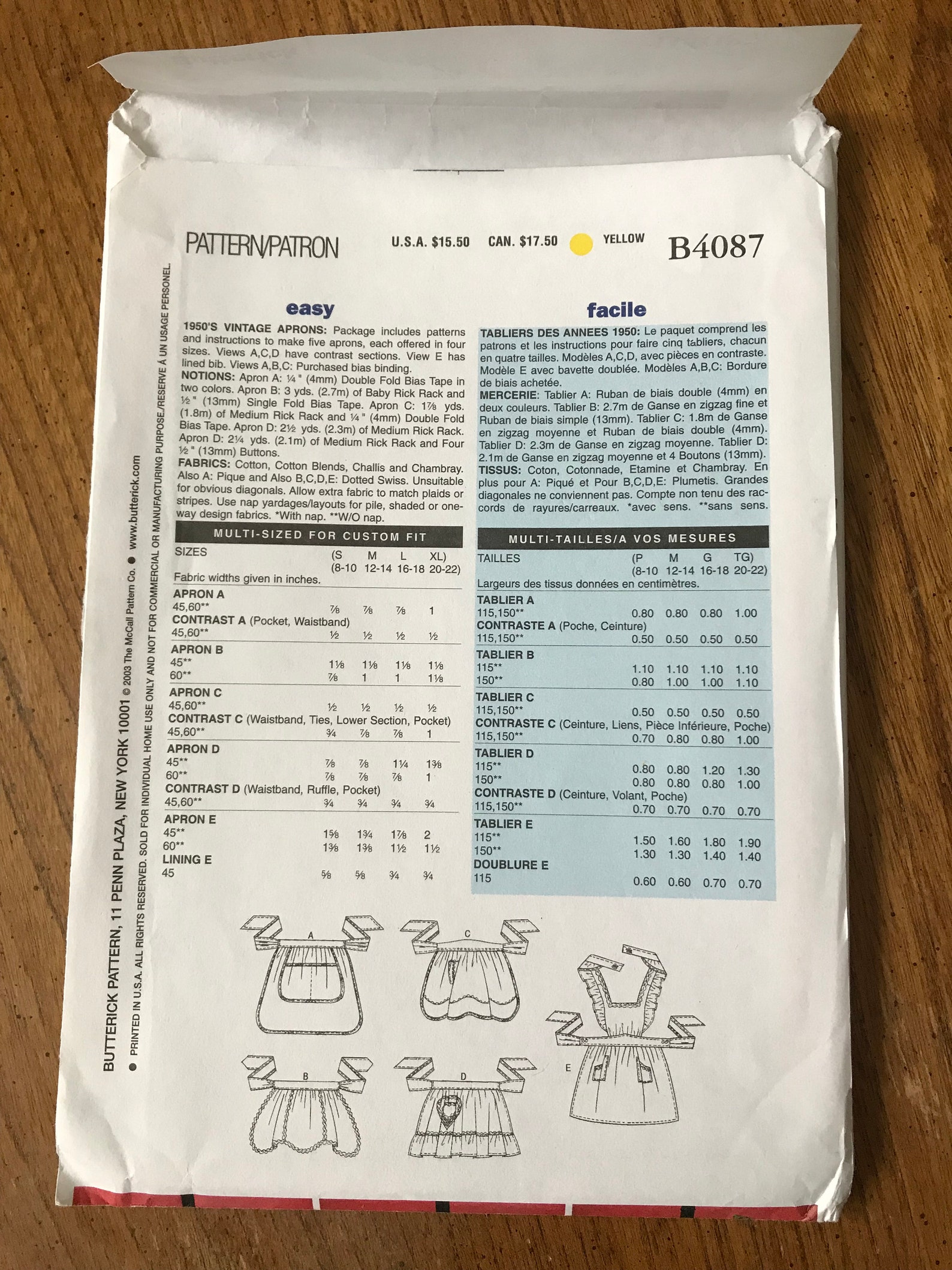 Butterick, 1950s Vintage Aprons, Sizes Small 8,10, Medium 12,14, Large 16,18, Extra Large 20,22 ...