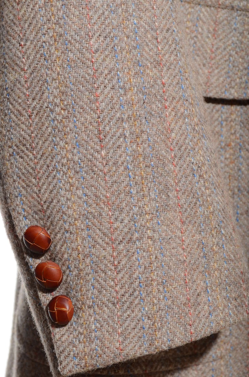 44L Long Vintage Brown Tweed Wool Herringbone Patch Pockets Two-button ...