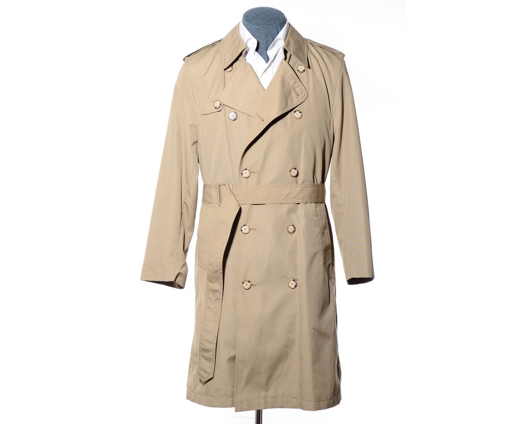 36S Short Vintage Double-breasted Khaki Tan Cotton Canvas Belted Trench ...