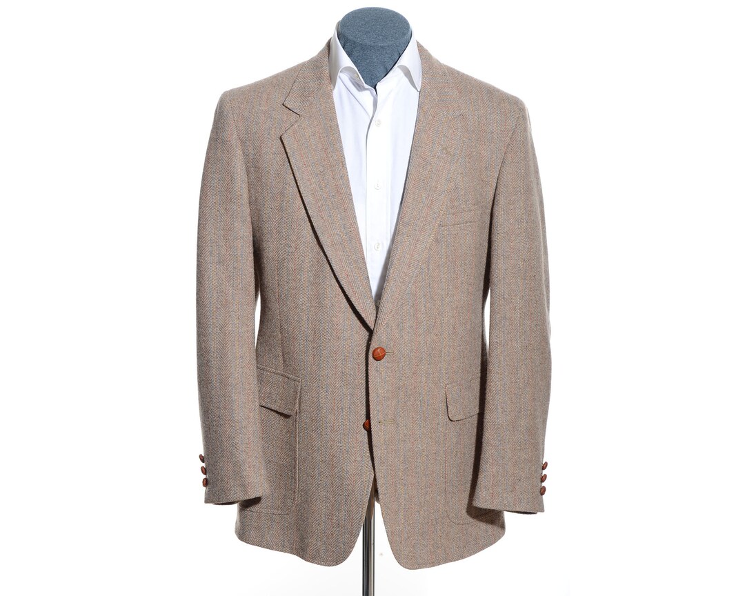 44L Long Vintage Brown Tweed Wool Herringbone Patch Pockets Two-button ...