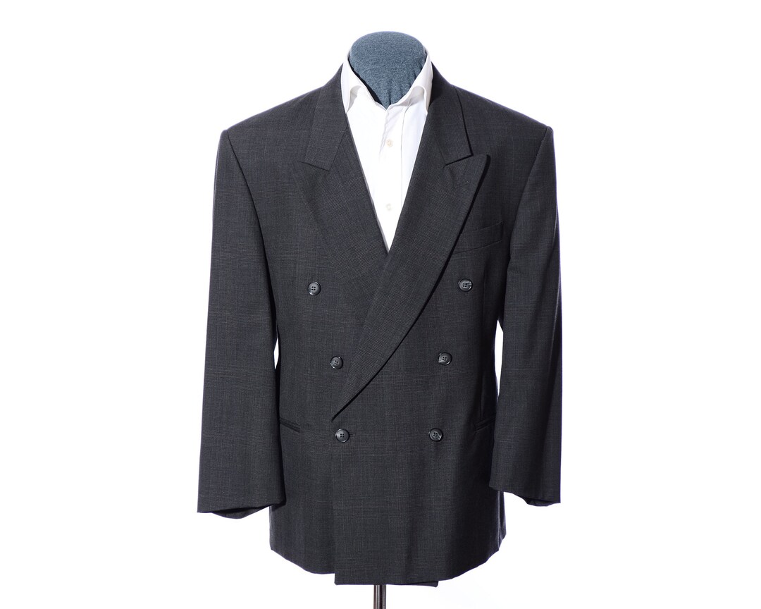 46S Short Vintage 90s Double-breasted Pierre Balmain Gray Glen Plaid ...