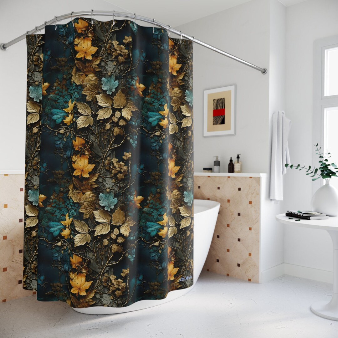 Nature Leaf Shower Curtain Dark Green Gold Leaf Shower - Etsy