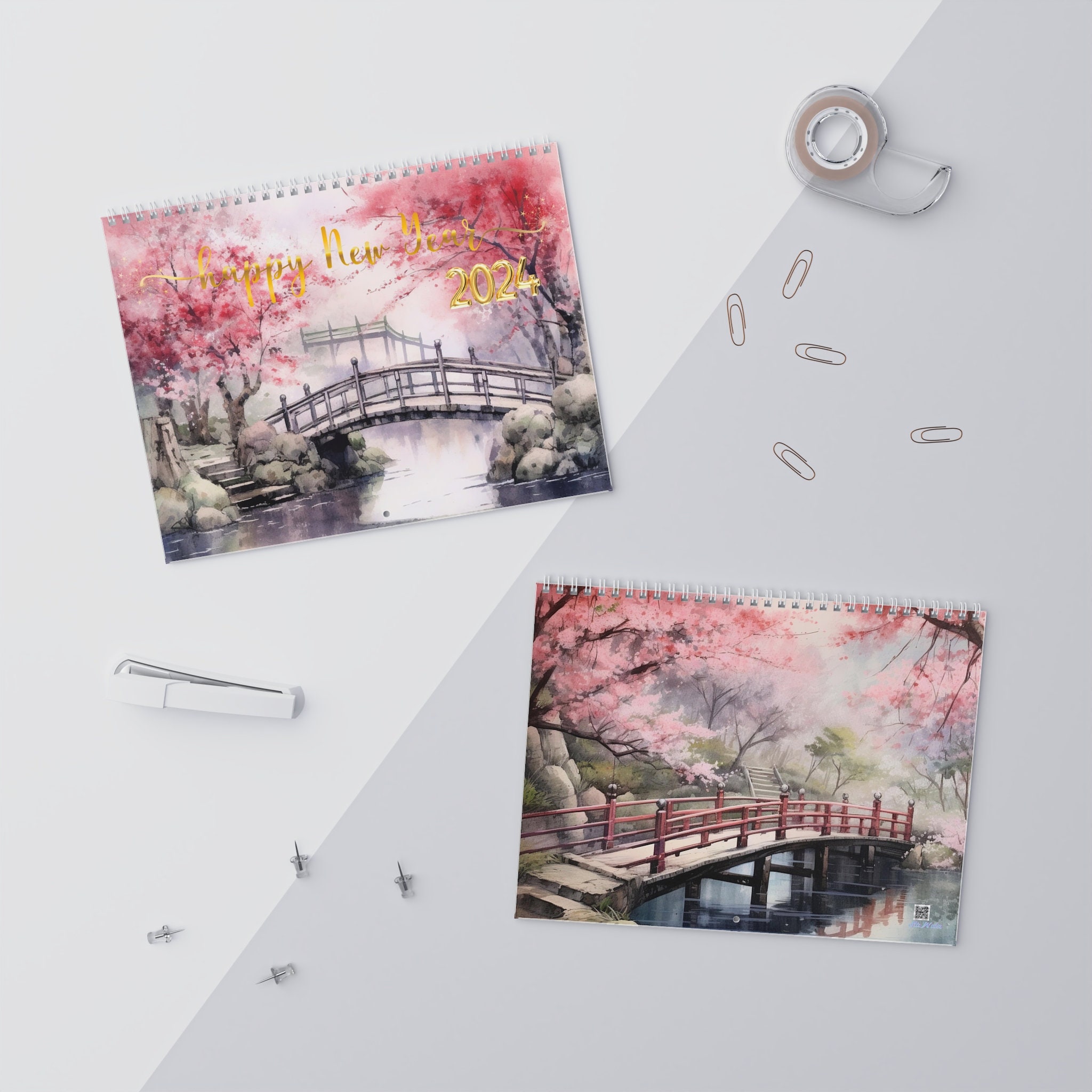 Japanese bridge wall calendar 2024, river wall calendar 2024, cherry ...