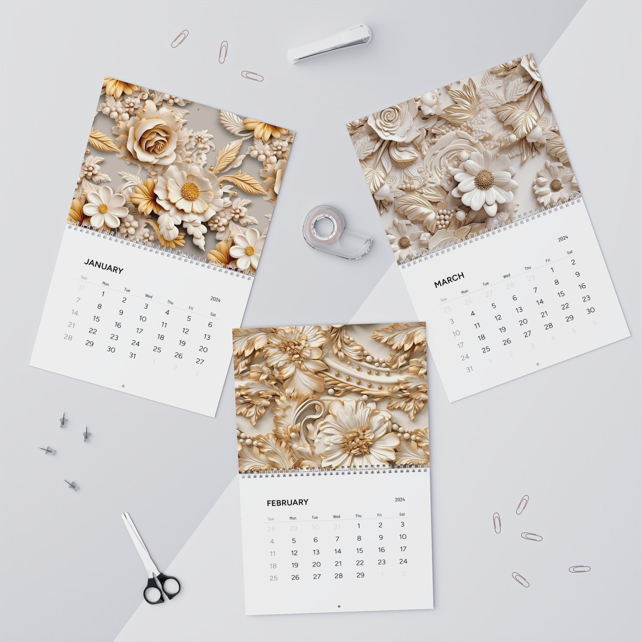 3D popcorn wall calendar 2024, glamorous white gold wall calendar 2024 ...
