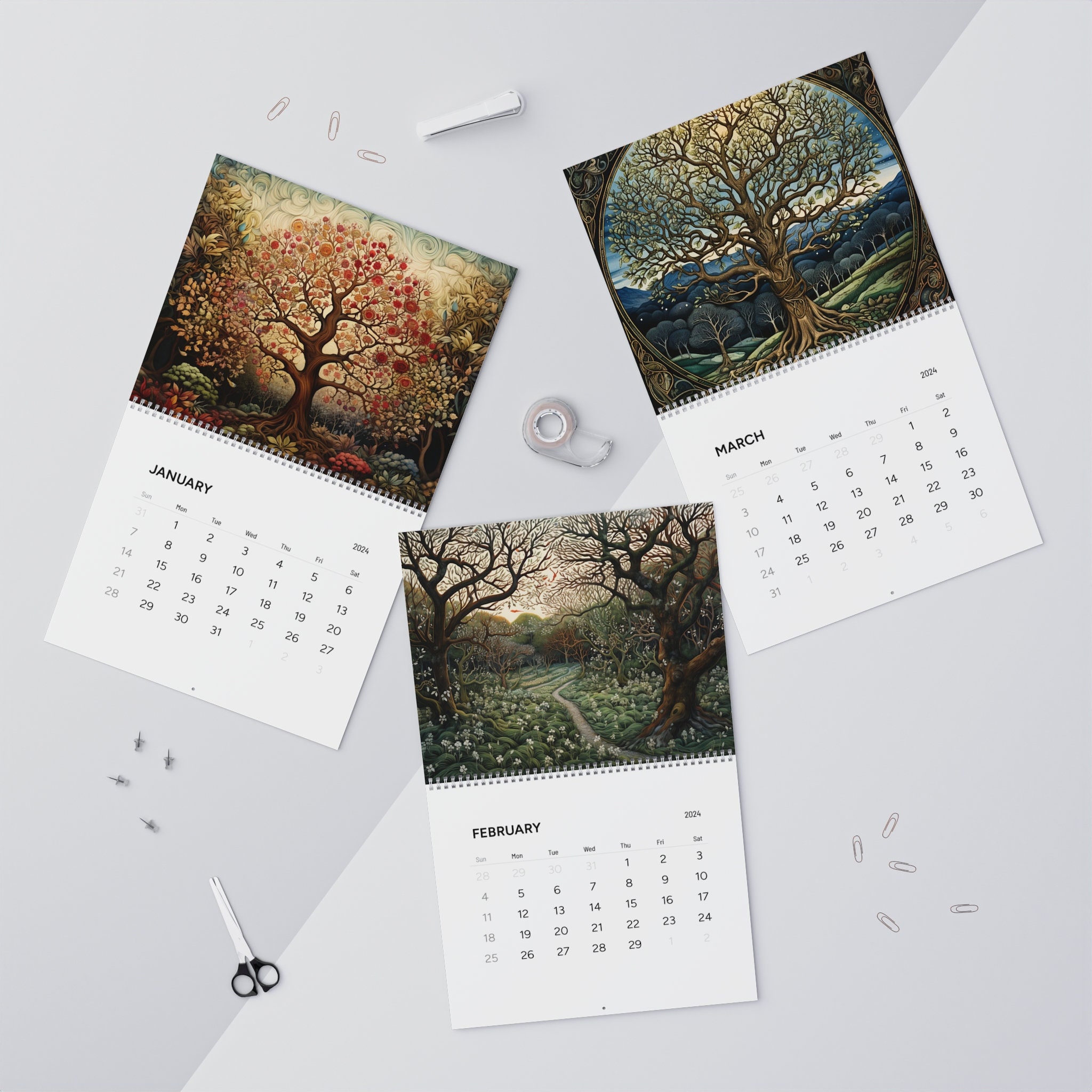 2024 tree calendar, 2024 artsy tree calendar, tree calendar 2024 ...