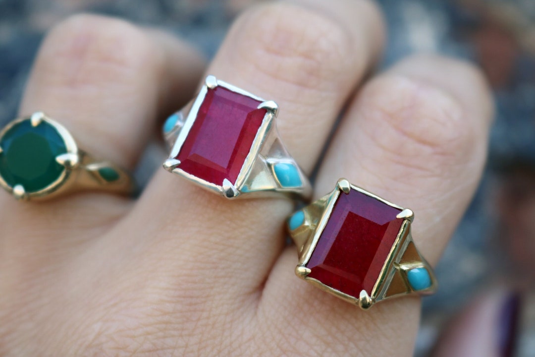 Handmade Barbara Ring | Ruby With Turquoise Inlay | Brass, Silver, 10k ...