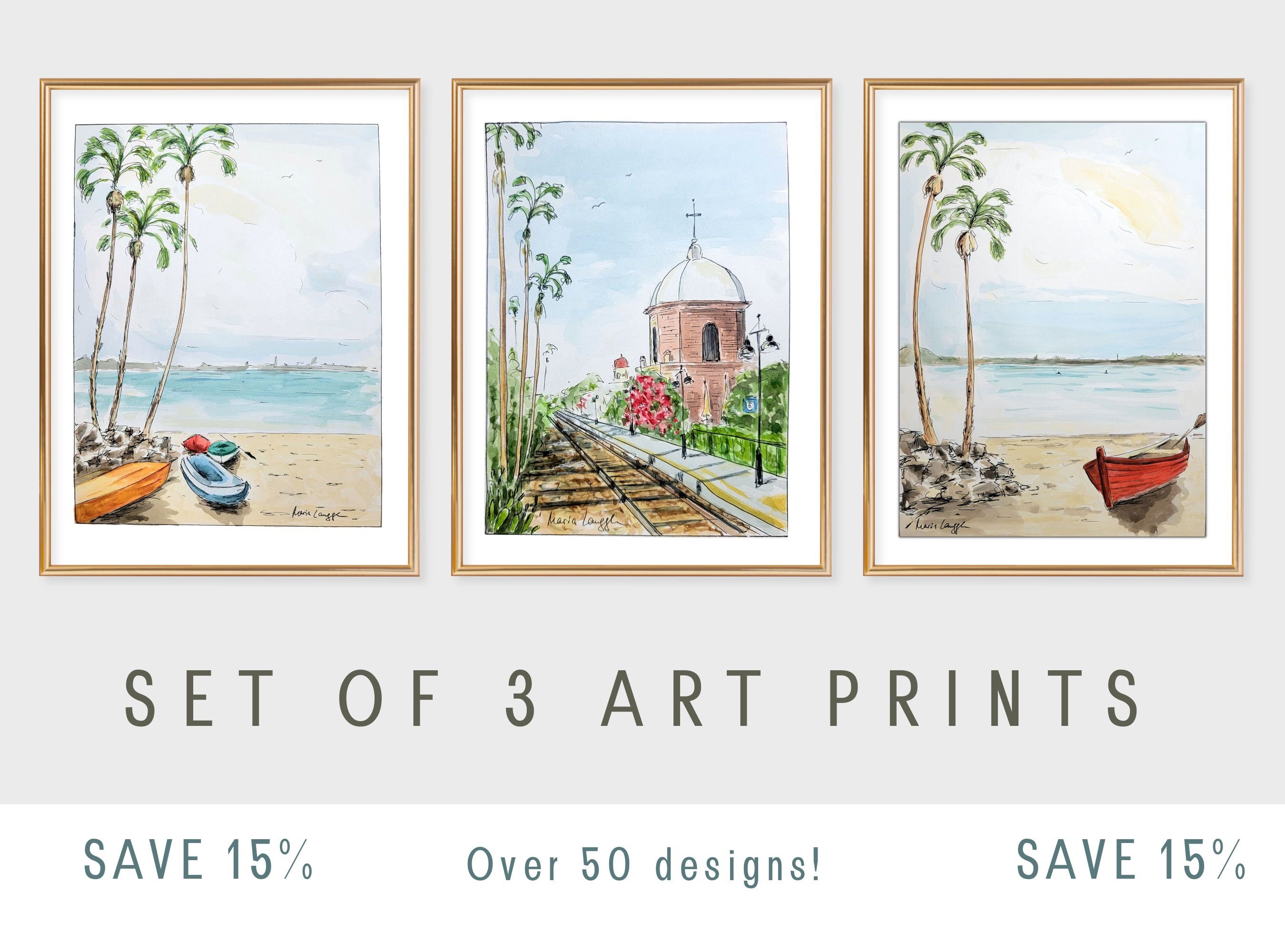Beachy Art Print Set: Set of 3 Watercolor Landscape Prints Whimsical ...