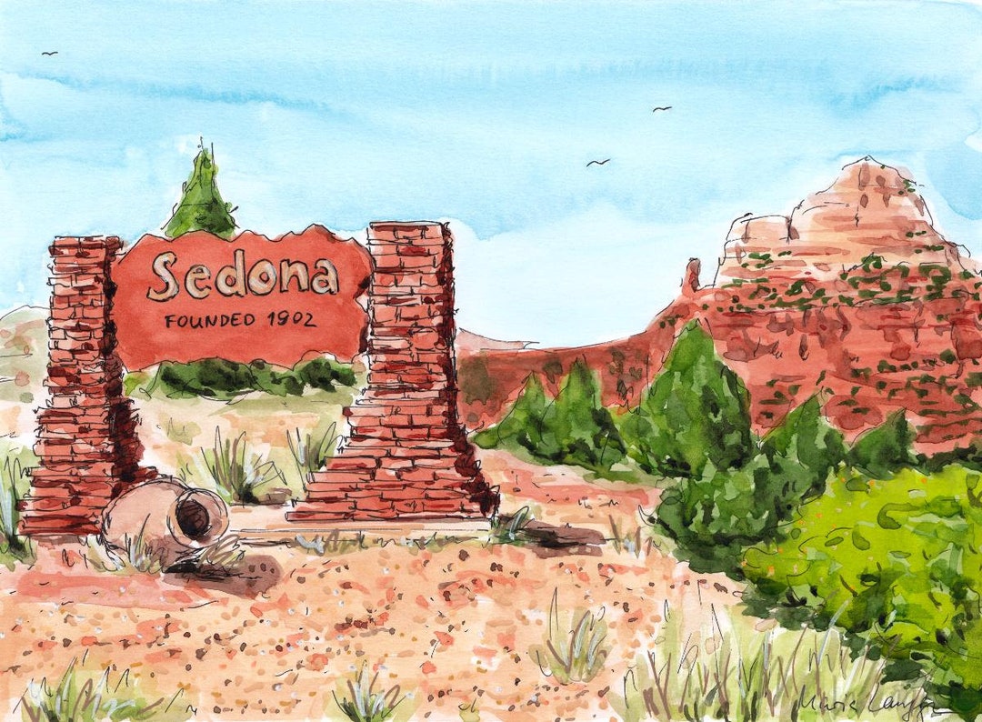 Sedona Arizona Art Print | Watercolor Sketch Drawing | Sedona Welcome ...