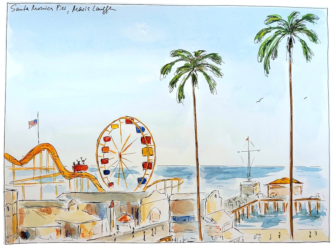 Santa Monica Pier Art Print, Santa Monica Watercolor Drawing Landscape ...
