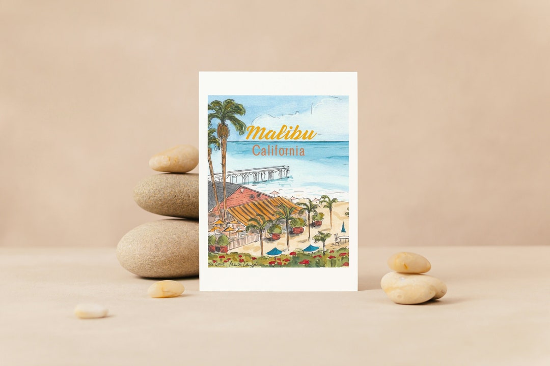 Malibu Watercolor Greeting Card With Envelope: California Beach Art - Etsy