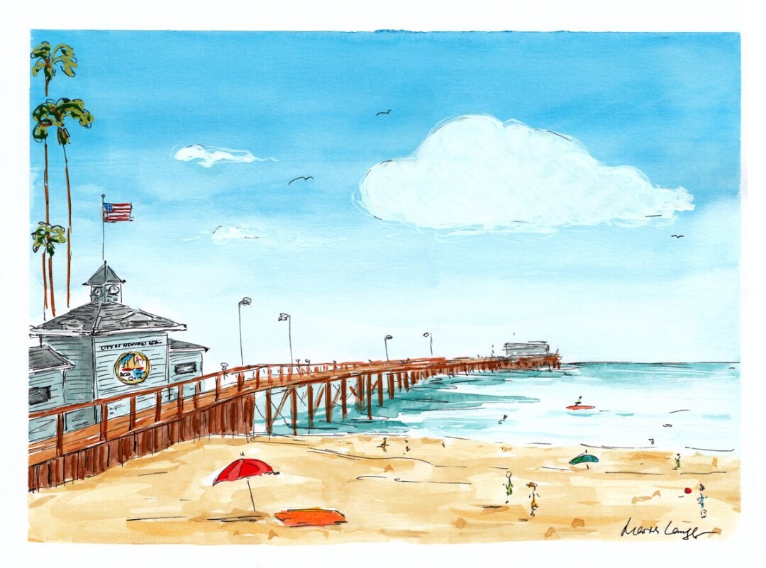 Original Newport Beach Pier Watercolor Painting | Fun Whimsical Art ...