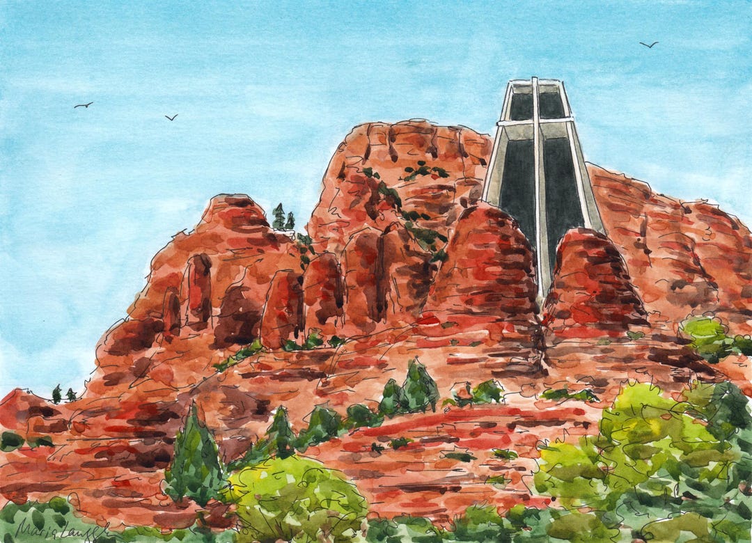 Sedona Chapel of the Holy Cross Art Print | Watercolor Sketch Drawing ...