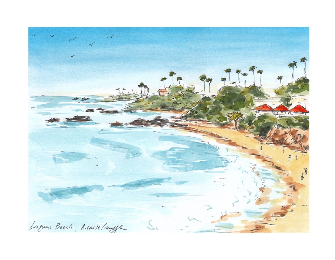 Laguna Beach Main Beach Art Print | California Watercolor Sketch Art ...
