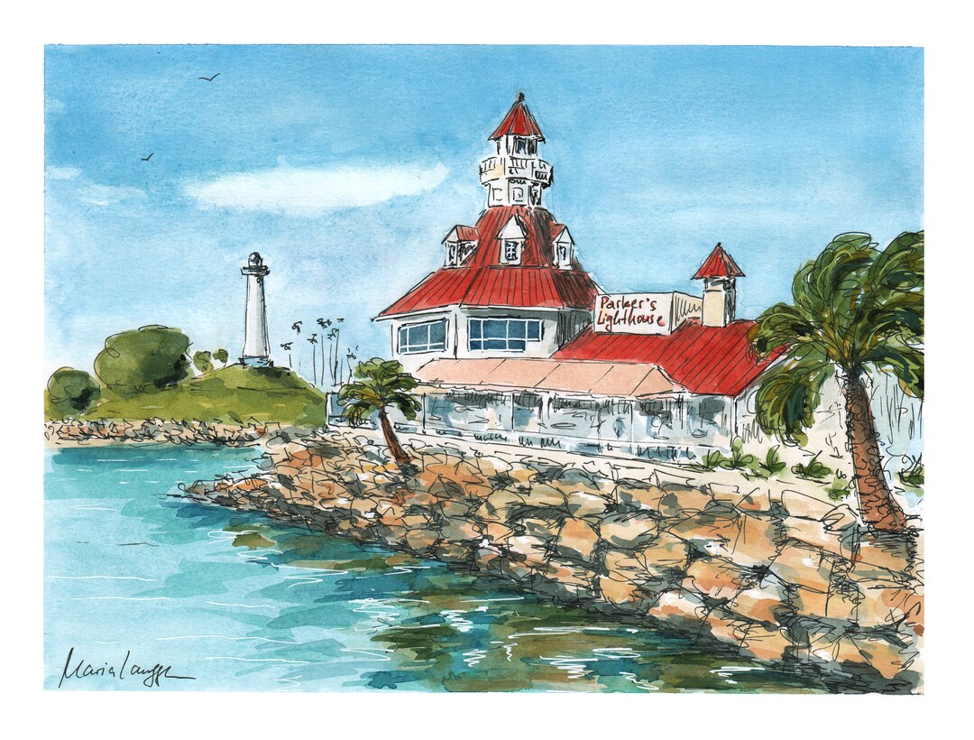 Original Long Beach Watercolor Painting Parkers Lighthouse Long Beach ...