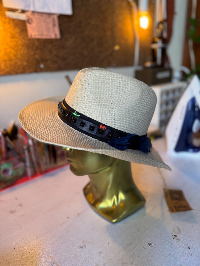 Custom Straw Summer Hat: Neon Stitching, Pyramid Stud Band - Etsy