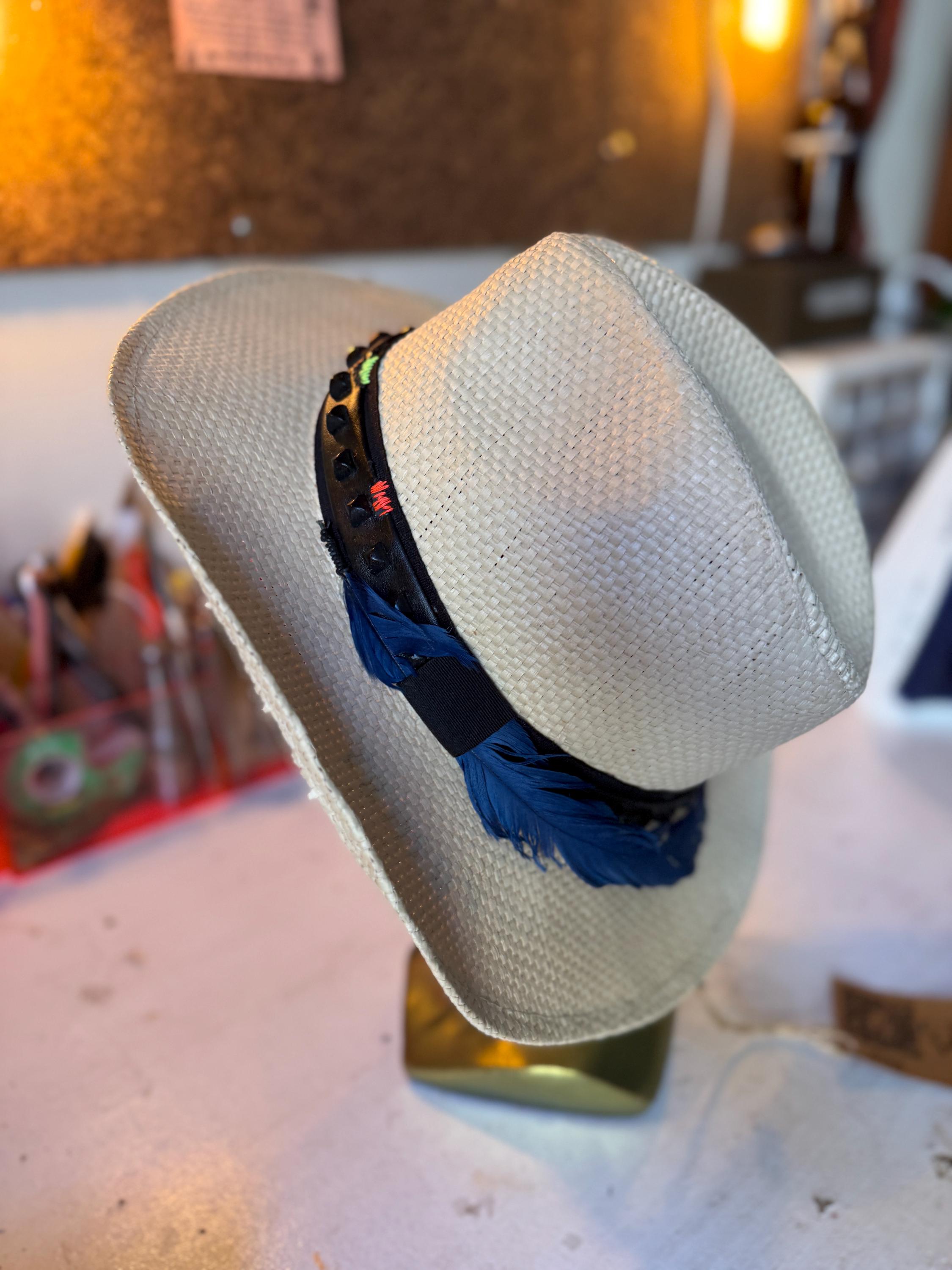 Custom Straw Summer Hat: Neon Stitching, Pyramid Stud Band - Etsy