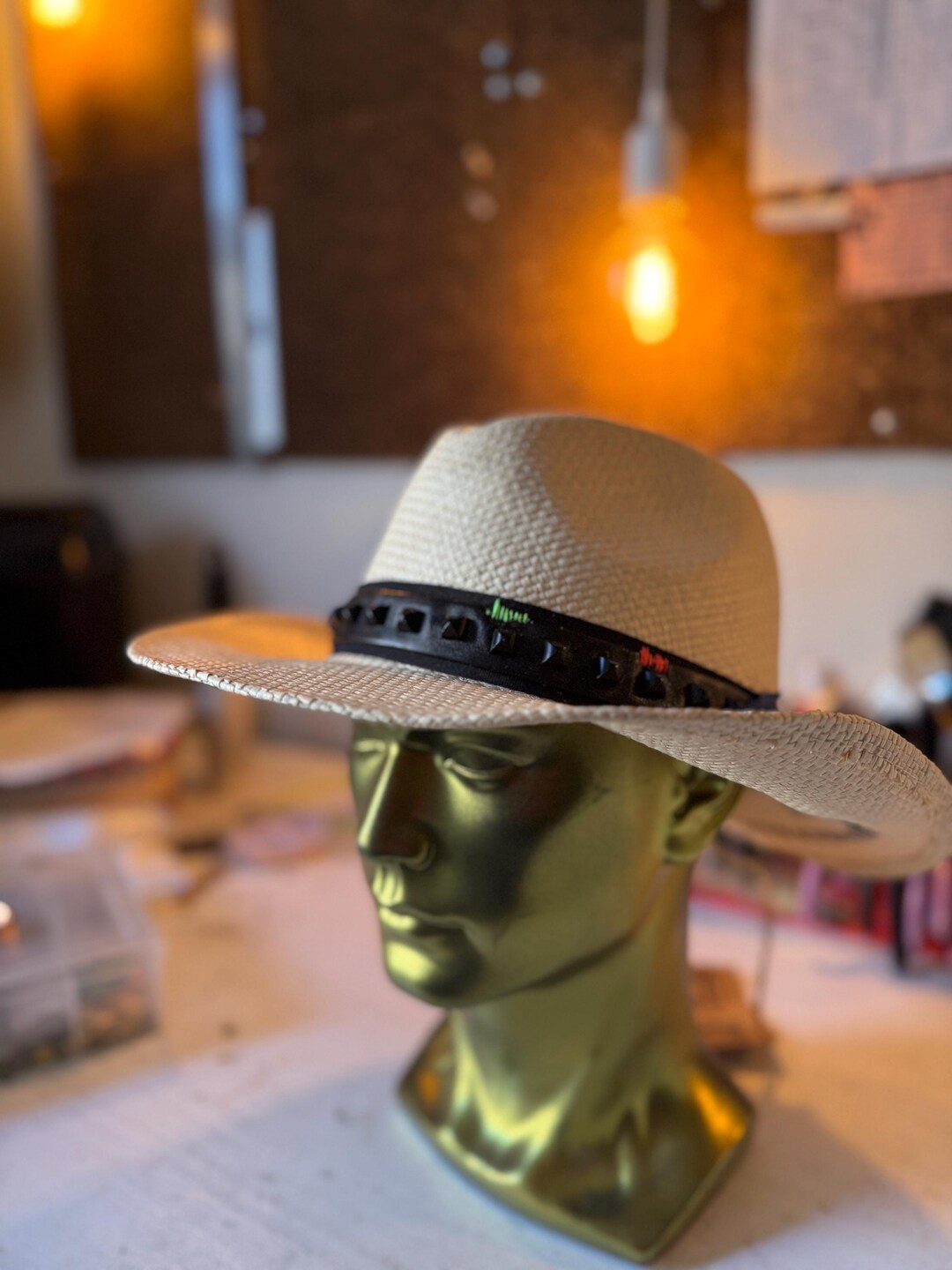 Custom Straw Summer Hat: Neon Stitching, Pyramid Stud Band - Etsy