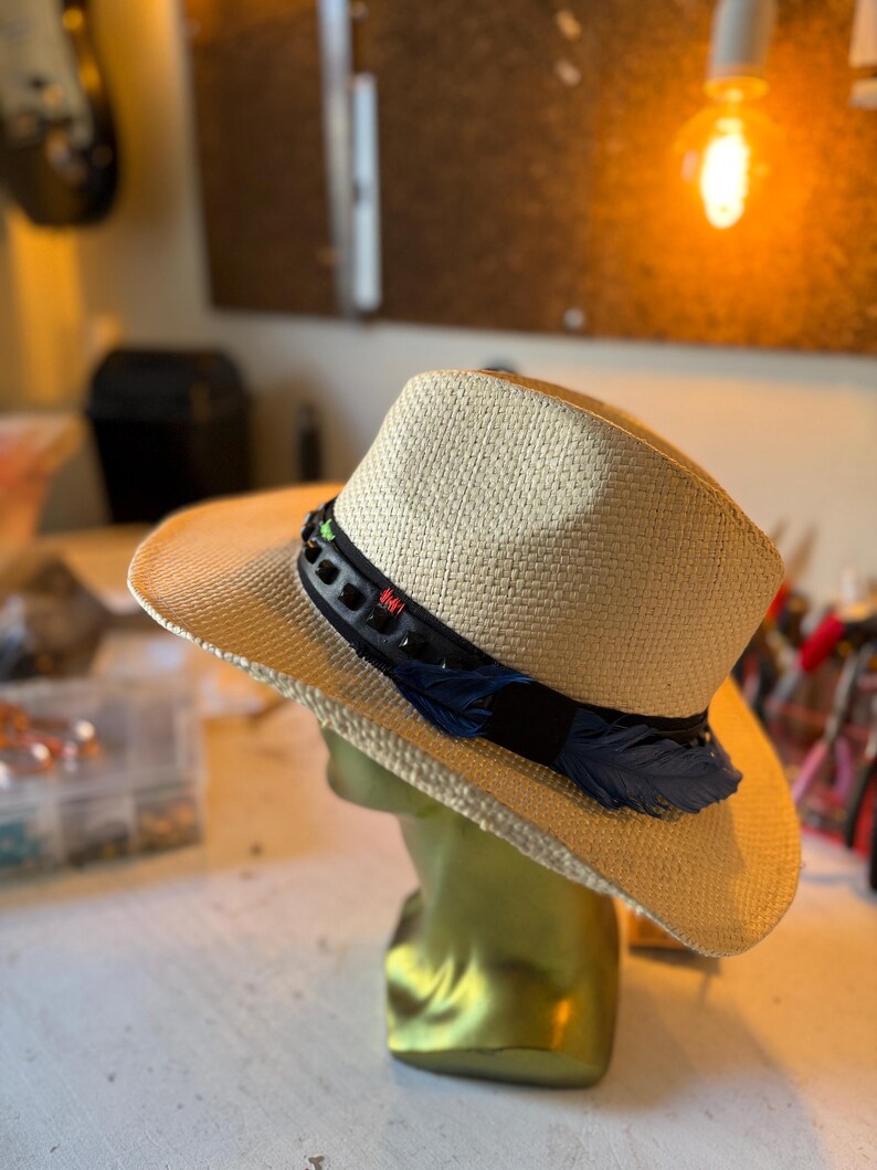 Custom Straw Summer Hat: Neon Stitching, Pyramid Stud Band - Etsy